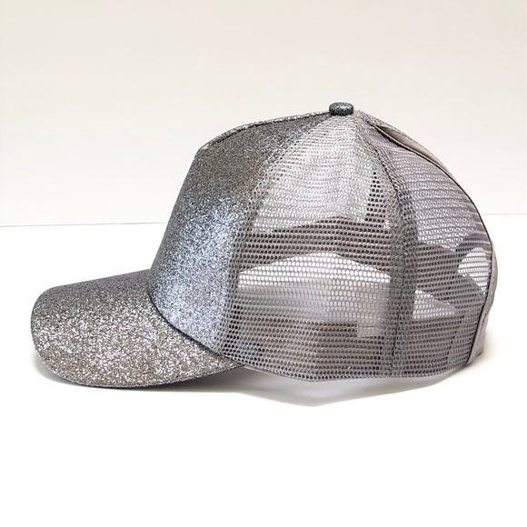 Accessories | Silver Glitter Ponytail Baseball Cap Trucker Hat | Poshmark